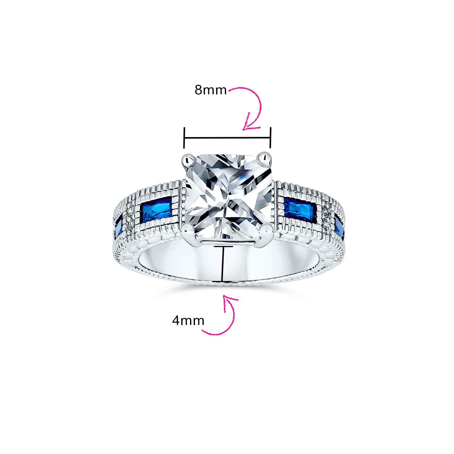 Bling Jewelry Cubic Zirconia Princess Cut & Blue Sapphire Color Baquettes Engagement Ring 3ct - Size 8