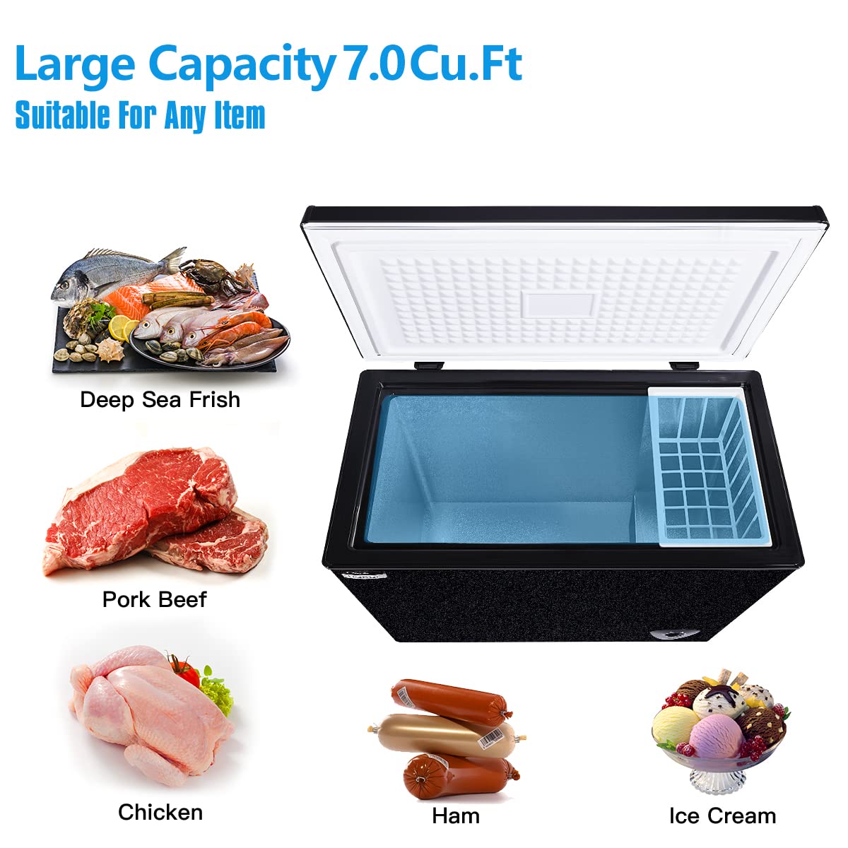 Deep Freezer 7.0 Cu Ft Chest Freezer With Adjustable Thermostat And Removable Storage Basket Small Freezer For Home Kitchen Office Bar WANAI