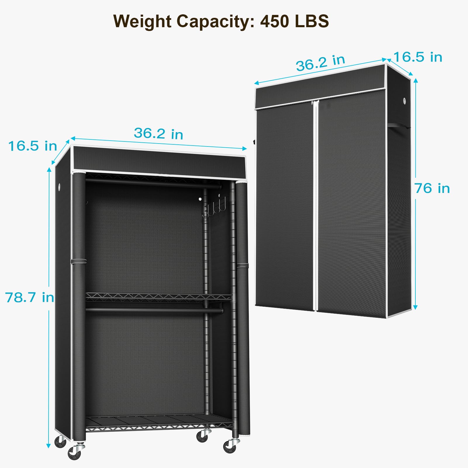 FUTASSI Black Clothing Rack with Black Cover, P1C Rolling Closet Rack with Wheels, Metal Garment Rack for Hanging Clothes, Clothing Storage Wardrobe, 36.2" W x 16.5" D x 78.7" H, Load 450 Pounds