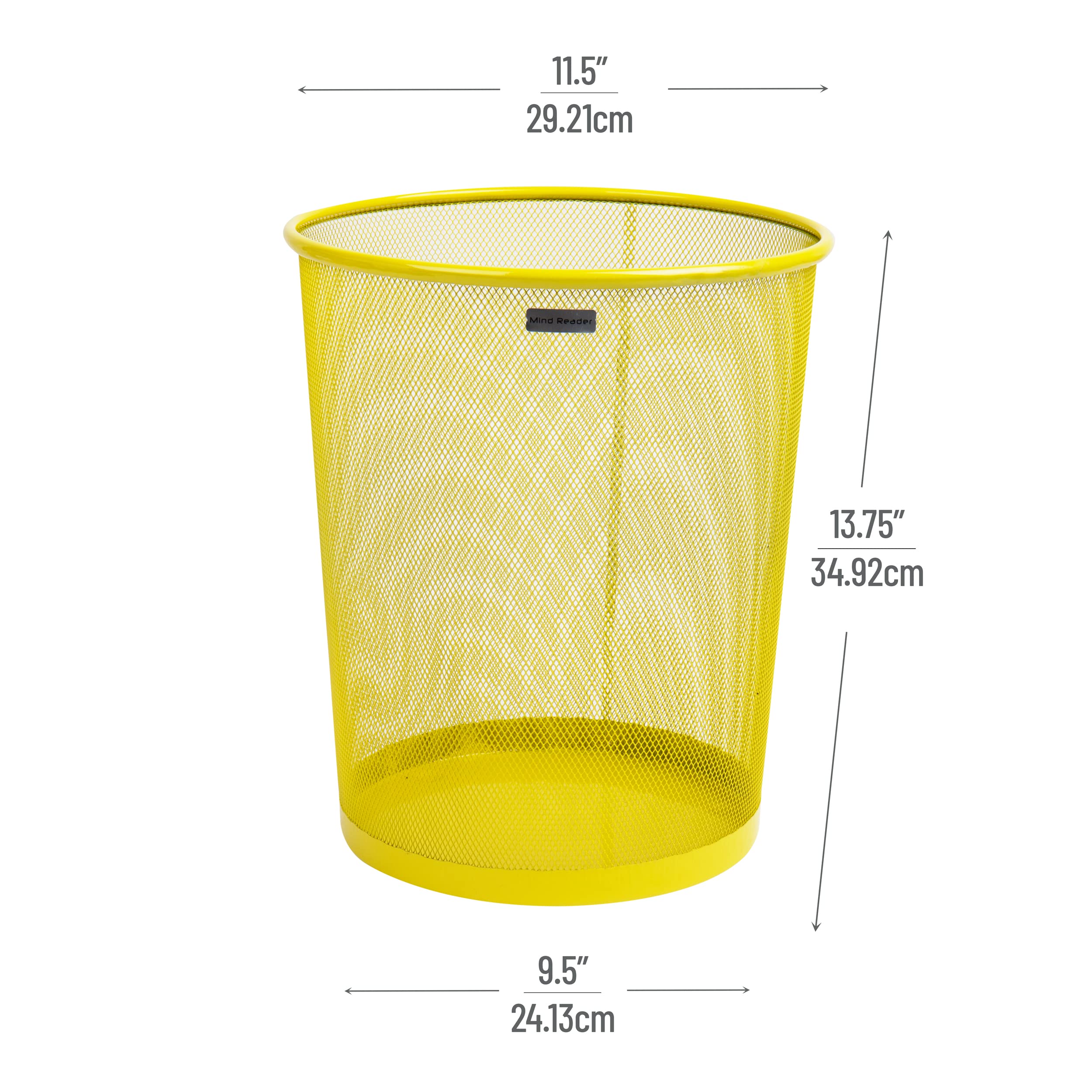 Mind Reader Mesh Trash Can, 16.65L (4.4 gal), Waste Paper Basket, Round, Office, Metal Mesh, 11.5" L x 11.5" W x 13.75" H, Yellow