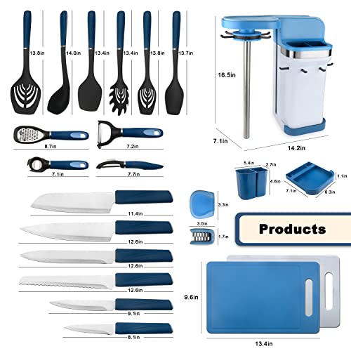 FIVETAS Kitchen Utensils Set with Holder, Nylon Cooking Utensils Set,6Pieces Stainless Steel Knives Set for Kitchen,Vegetable Peeler Knife,Cheese Grater,Cleaning Brush and 2 Plastic Cutting Boards.