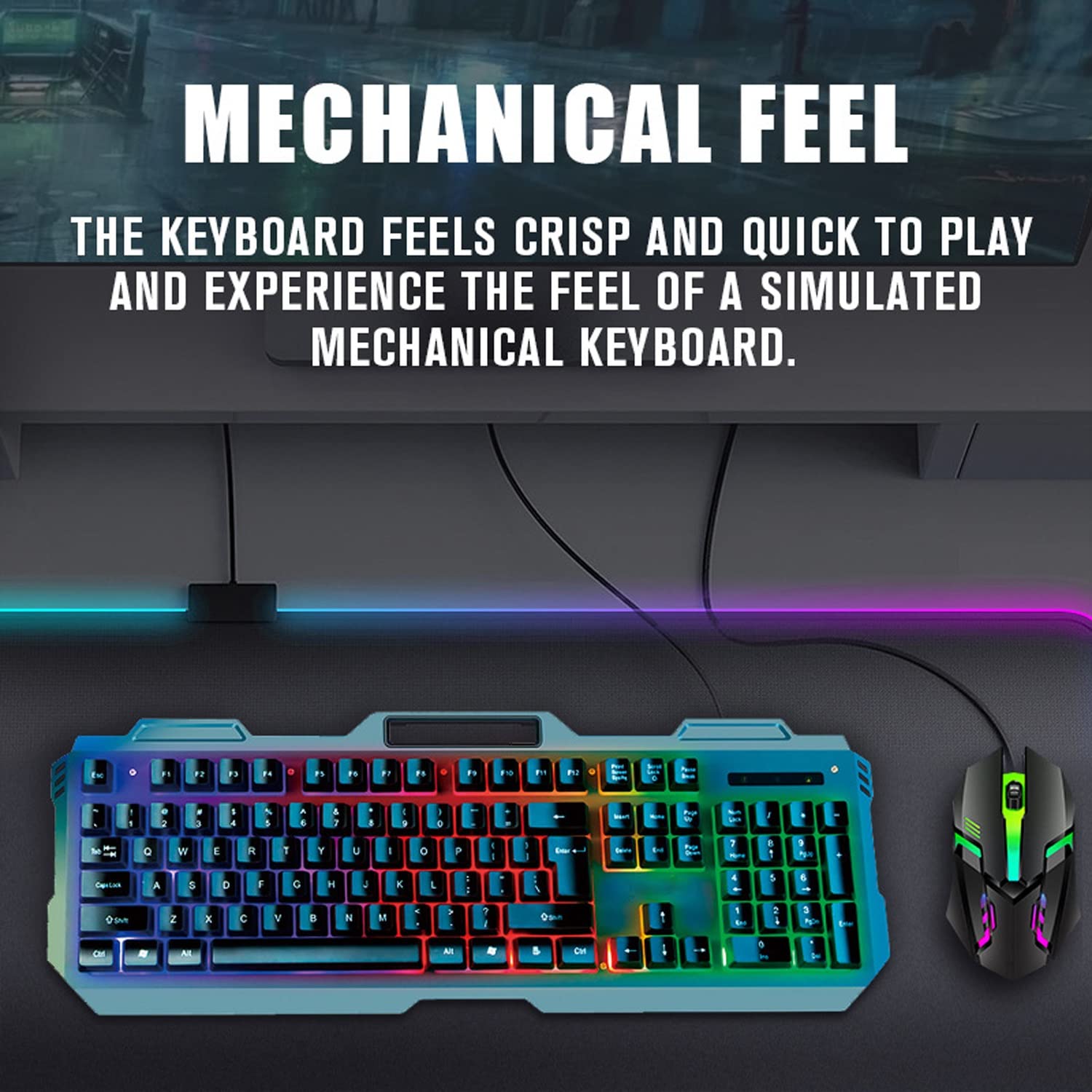 EXHNLE Gaming Keyboard and Mouse Combo, Wired Mechanical Gaming Keyboard with 104 Suspended Keycaps, RGB Rainbow Backlit Keyboard