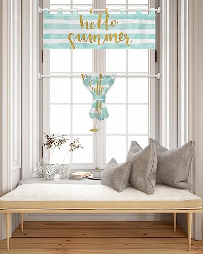Tab Top Curtain Valance HELLO SUMMER Gold Round Spots on Blue and White Stripes Valance Curtains Light Filtering Rod Pocket Window Treatment Small Valances For Kitchen Cafe Basement, 1 Panel, 54X18In