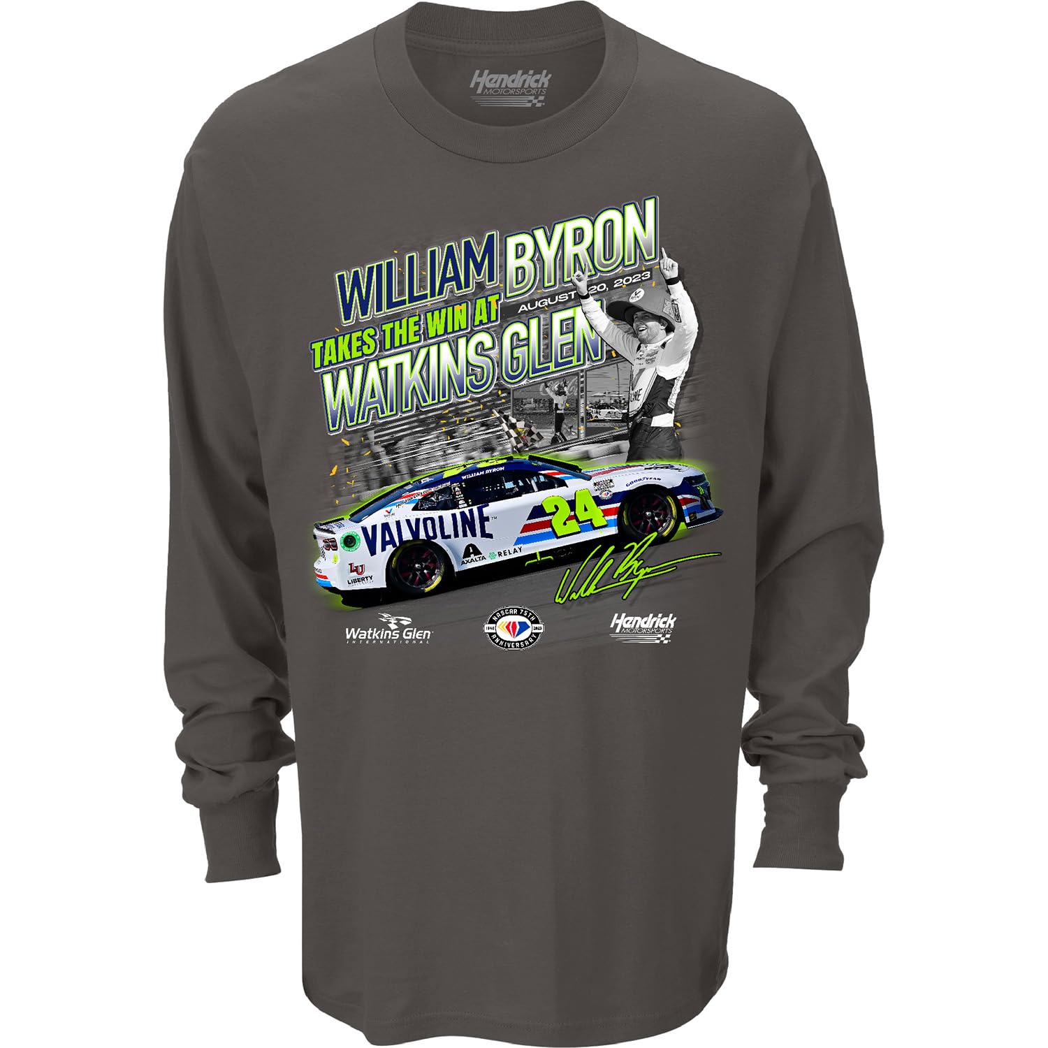 Checkered Flag Sports William Byron 2023 Long Sleeve Watkins Glen Race Win T-Shirt (US, Alpha, X-Large, Regular, Regular) Gray