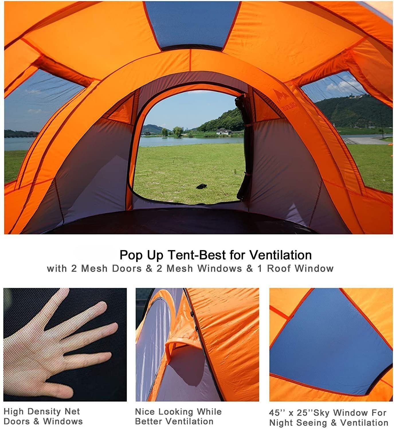 Dome Tent Pop Up Tent X-Large Camping Tent 5-6 Person Tent with Sky-Window, Automatic Setup, Fast Pitch, Fold with Portable Carry Bag Ideal for Family Backpack Hiking, Orange