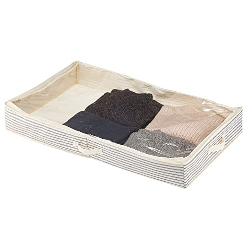 mDesign Soft Fabric Under Bed Storage Organizer Holder Bag for Clothing, Accessories, Linen - Easy-View Top Panel, Attached 2-Way Zippered Lid, Side Handles - 4 Pack - Natural/Cobalt Blue