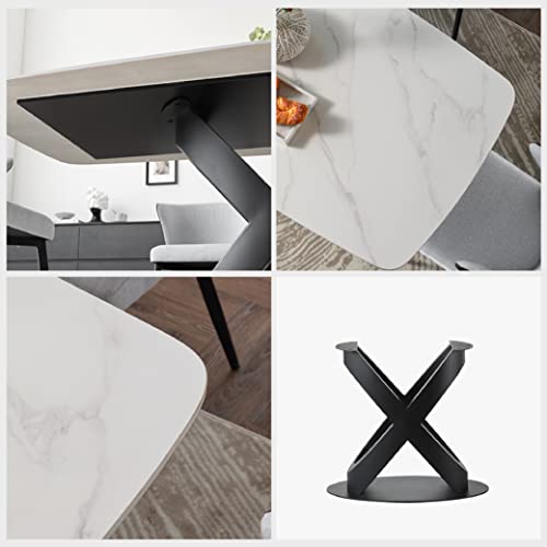 Modern Dining Table, Sintered Stone Tabletop Dining Room Table for Up to 8, Simple Retro Art, Rounded Corner Design, Solid Black Carbon Steel Base, 71"