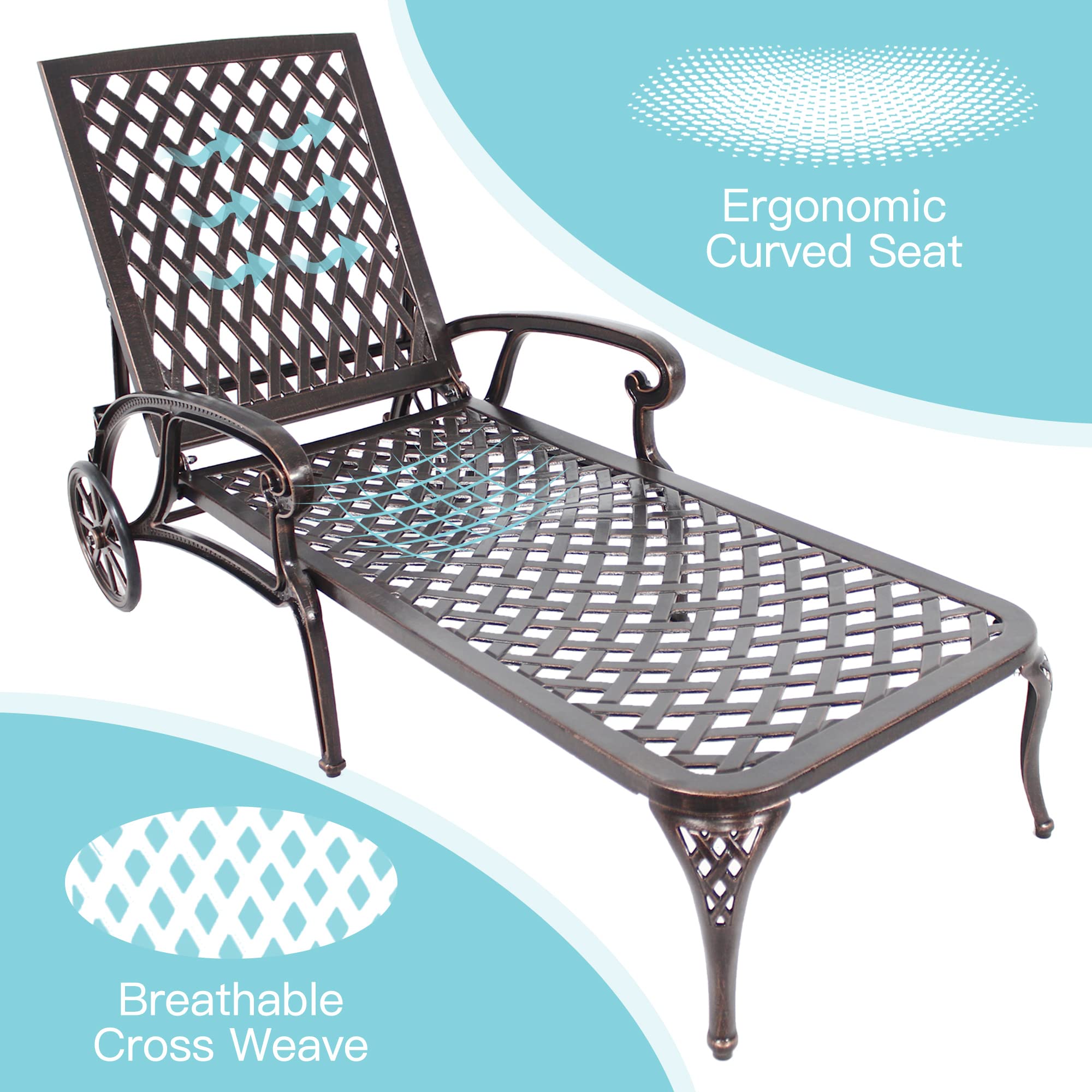 HOMEFUN Chaise Lounge Chair Outdoor, Pool Lounge Chairs Set of 2 Cast Aluminum Tanning Chairs with Adjustable Backrest and Moveable Wheels, Bronze