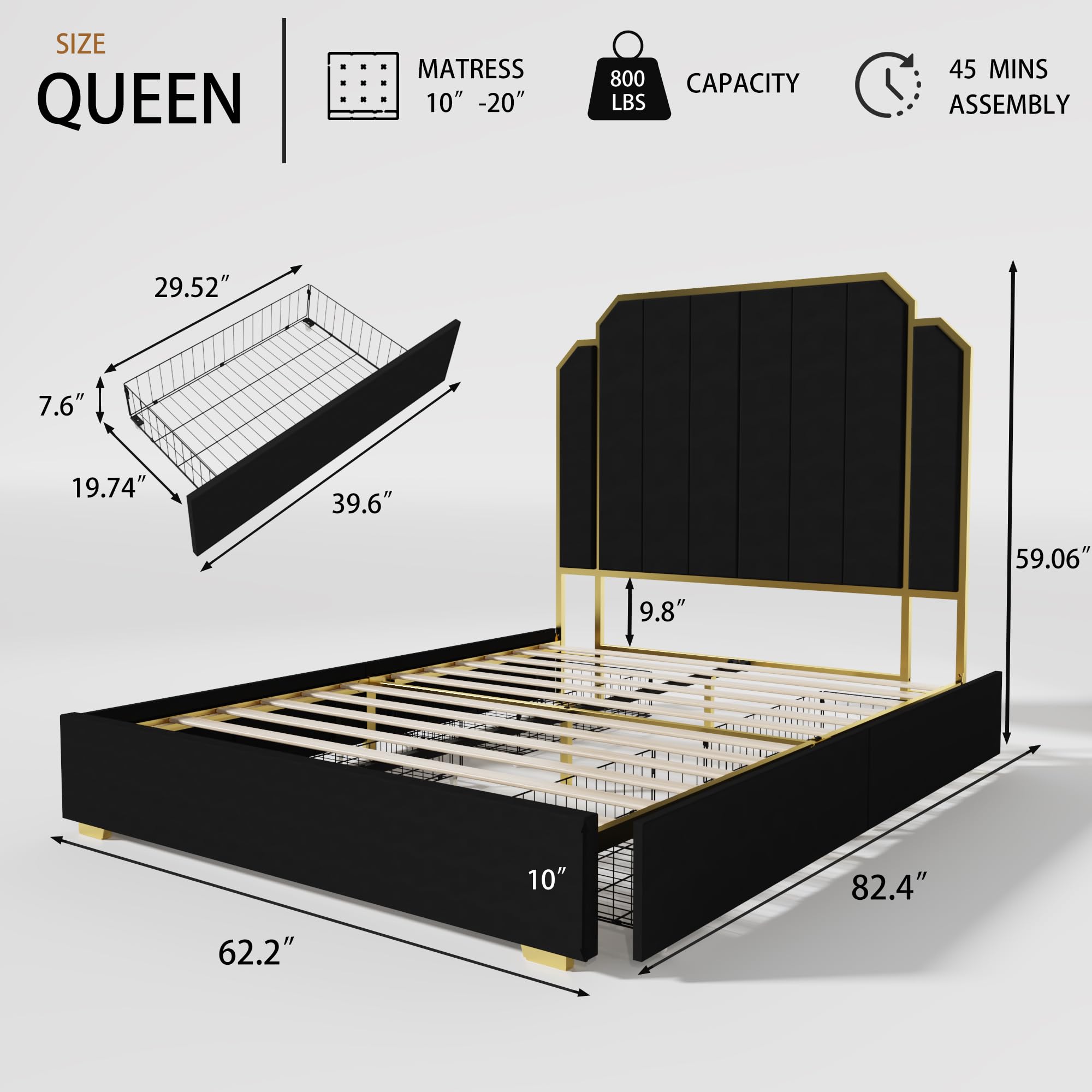 FSTAR Queen Size Bed Frame with Storage Drawers - High Headboard Upholstered Bedframe in Plush Velvet with Gold Accents (Beige Cream, Queen)
