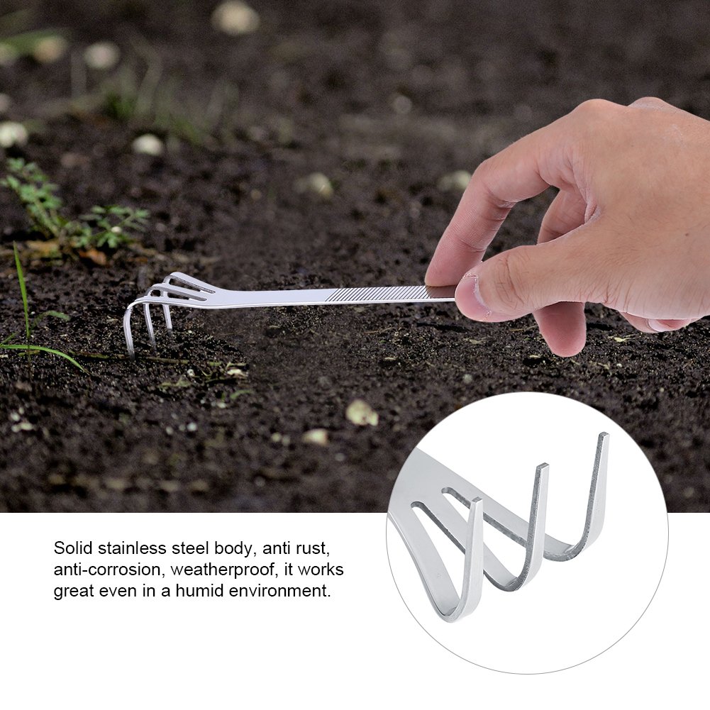 Gardening Rake, 3-Prong Stainless Steel Loosen Soil Root Rake, Gardening Soil Farming Bonsai Tree Tools with Ergonomic Handle