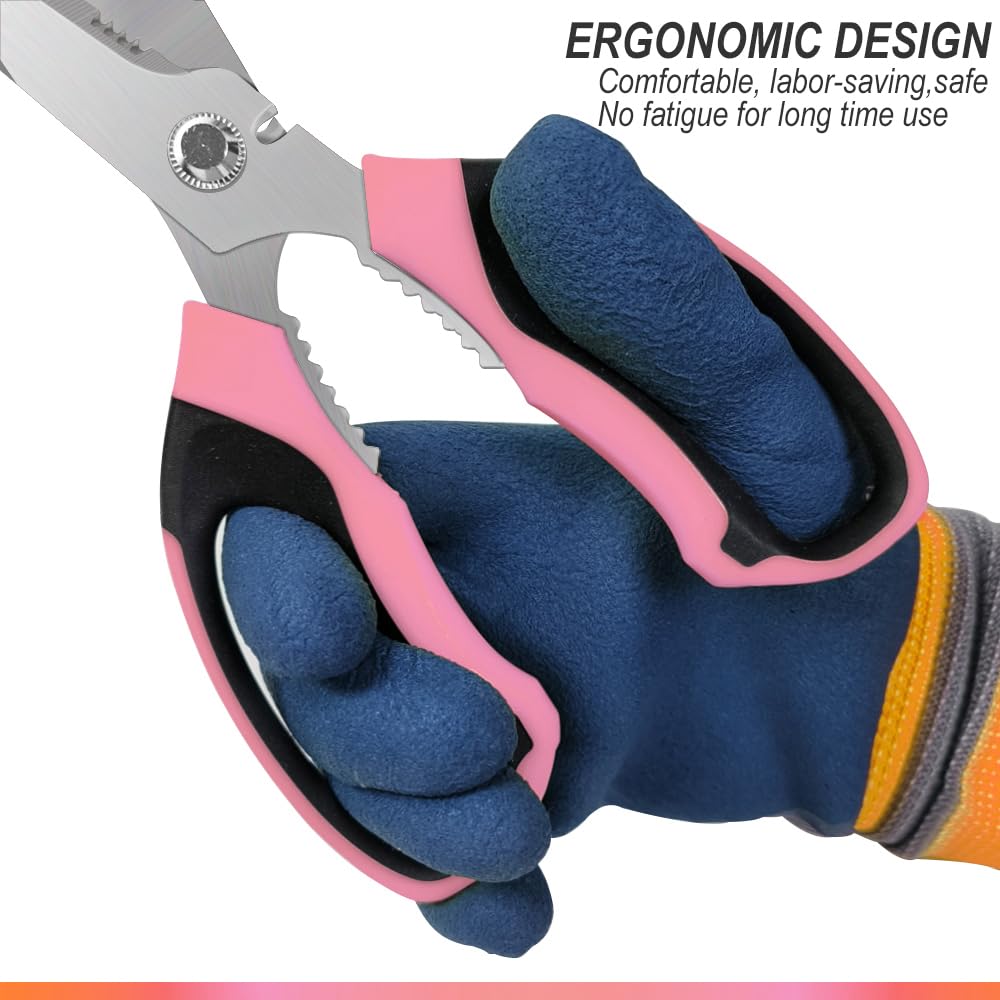 FTECYBO Scissors Heavy Duty 8'', Carpet Scissors, Multipurpose Scissors with Protective Cover, Stainless Steel Serrated Blades, Easy Cutting Cardboard, Leather, Fabric, Wires(PINK)