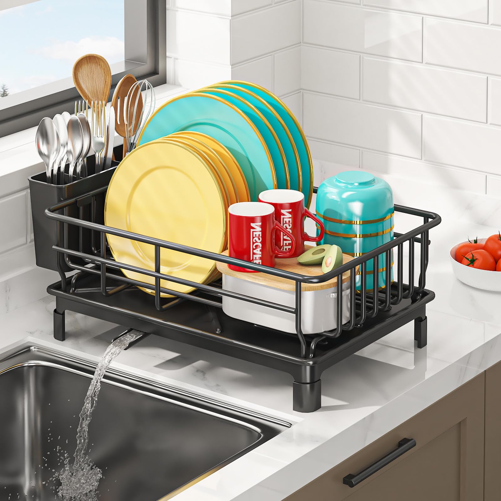 Famhap Small Dish Drying Rack, Dish Rack with Drainboard Dish Drainers for Kitchen Counter Sink Adjustable Spout, in Sink Dish Strainers with Utensil Holder and Knife Slots, White