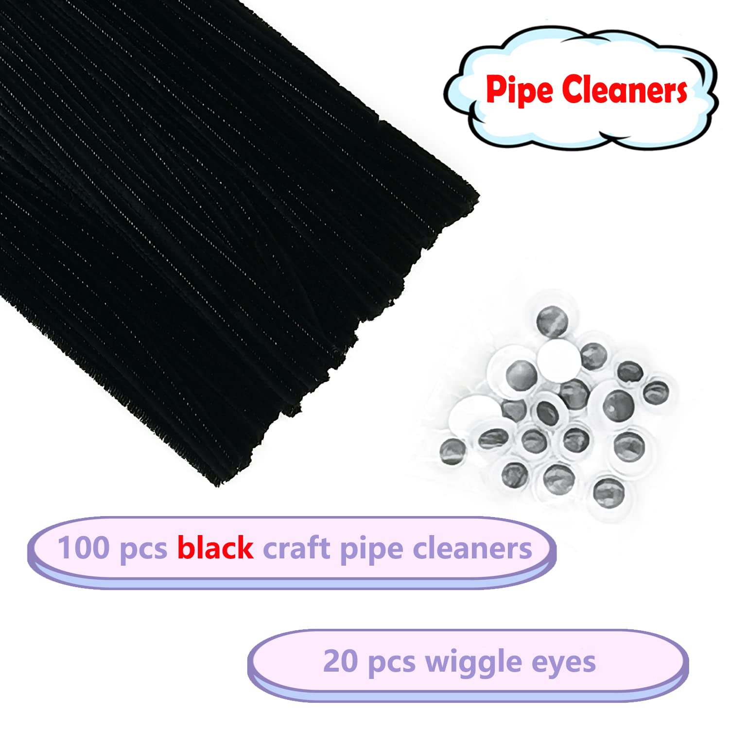 Cldamecy 100 pcs Black Pipe Cleaners with 20 pcs Googly Eyes,Chenille Stems for Craft Project,Craft Pipe Cleaners for DIY Projects,Arts and Holiday Decoration