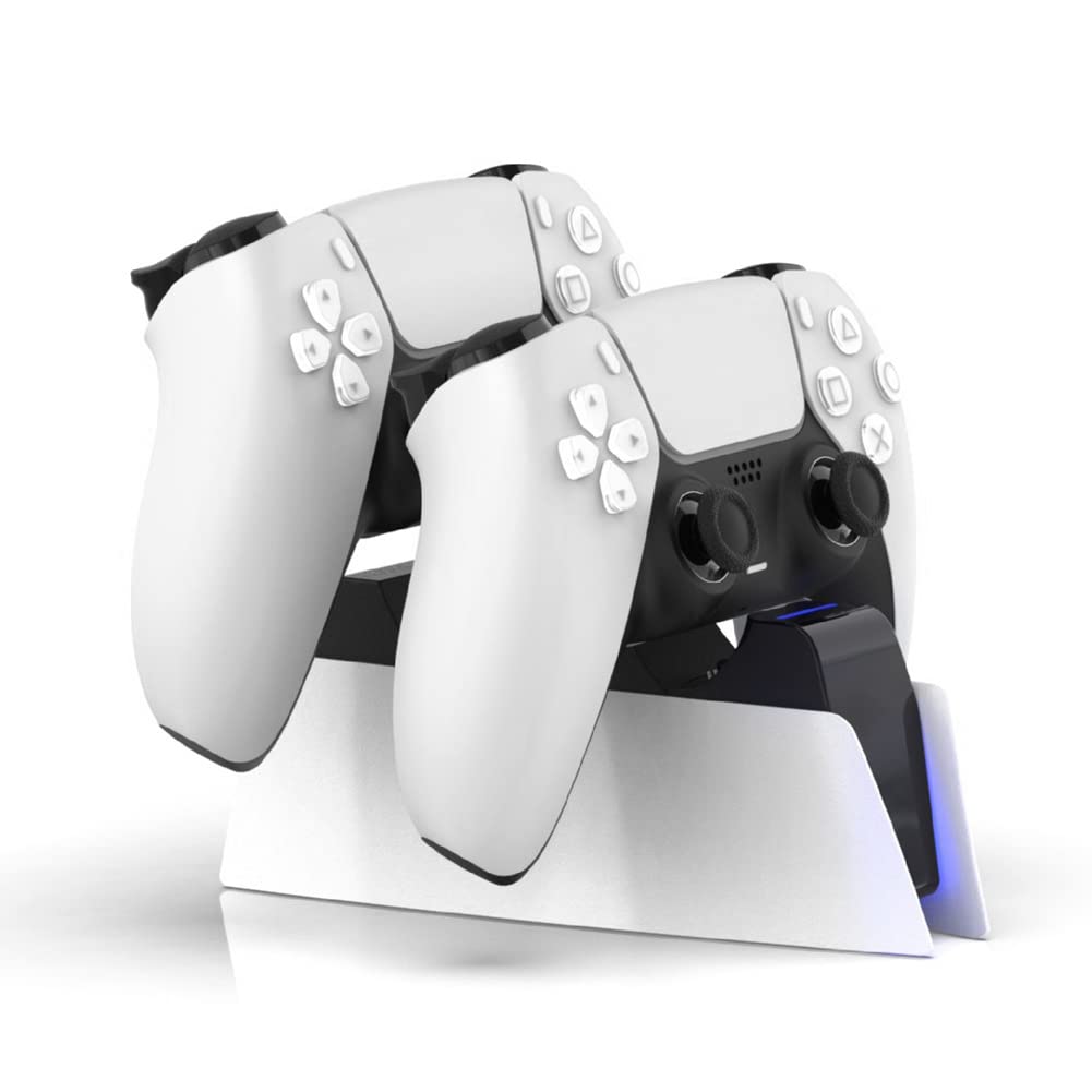 PS5 Controller Charging Station with Blue Light Bar, Fast Charging Type-C for Playstation 5 DualSense Controllers Charging (White)