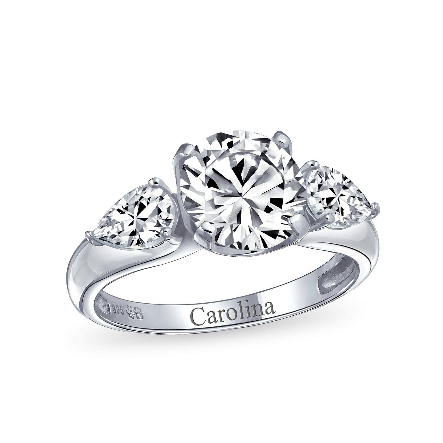 Bling Jewelry Personalize Timeless 3CT AAA CZ Trillion Side Stones Promise Cubic Zirconia Brilliant Cut Solitaire Round Engagement Ring For Women .925 Sterling Silver Customizable