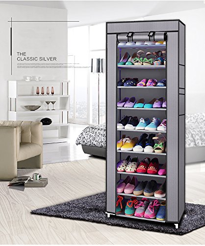 GAMEMEN 9 Tier Shoe Rack with Dustproof Cover Shoe Shelf Storage Organizer Gray