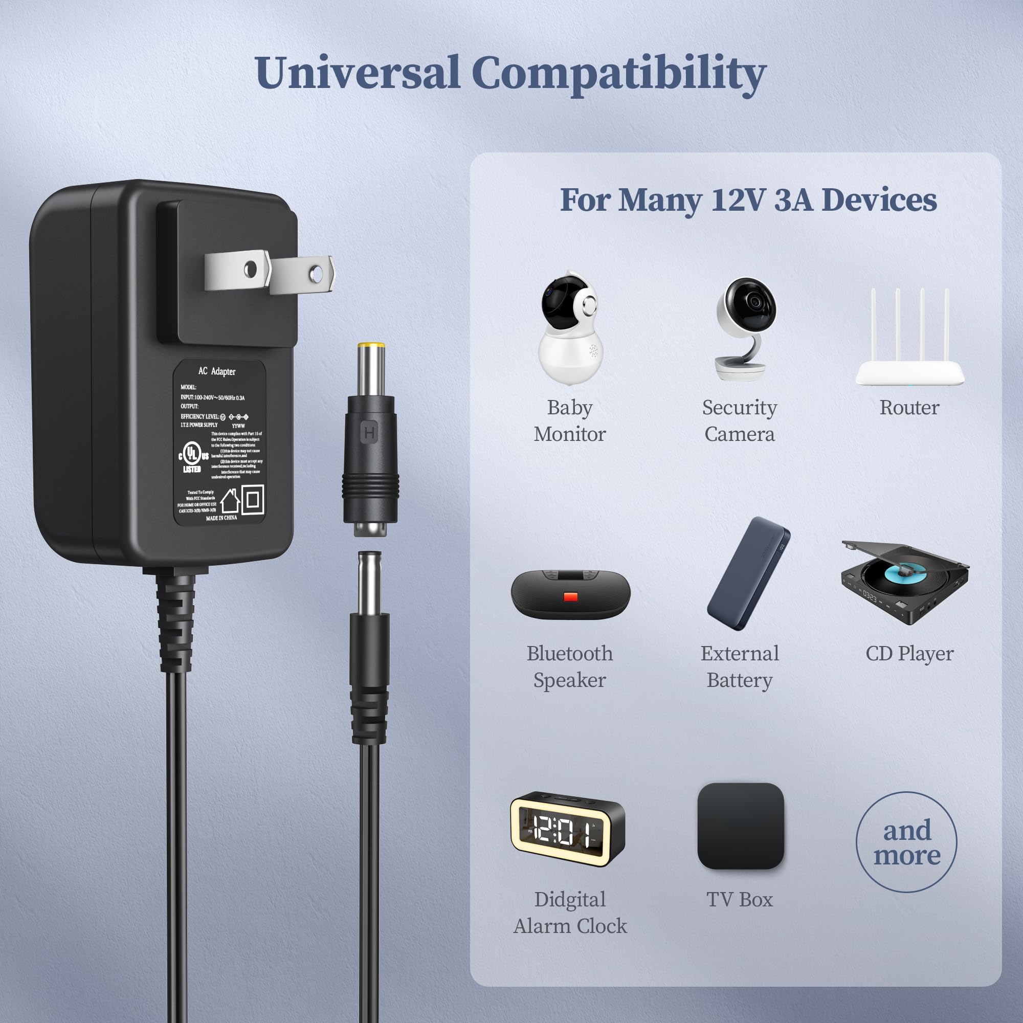 DONYOIE 12V 3A Power Supply 12 Volt Charger 3000mA 36W Max Regulated Switching AC to DC Cord Adapter with 10 Replacement Connector 100V - 240V Input Adaptor US Wall Plug Certified by UL