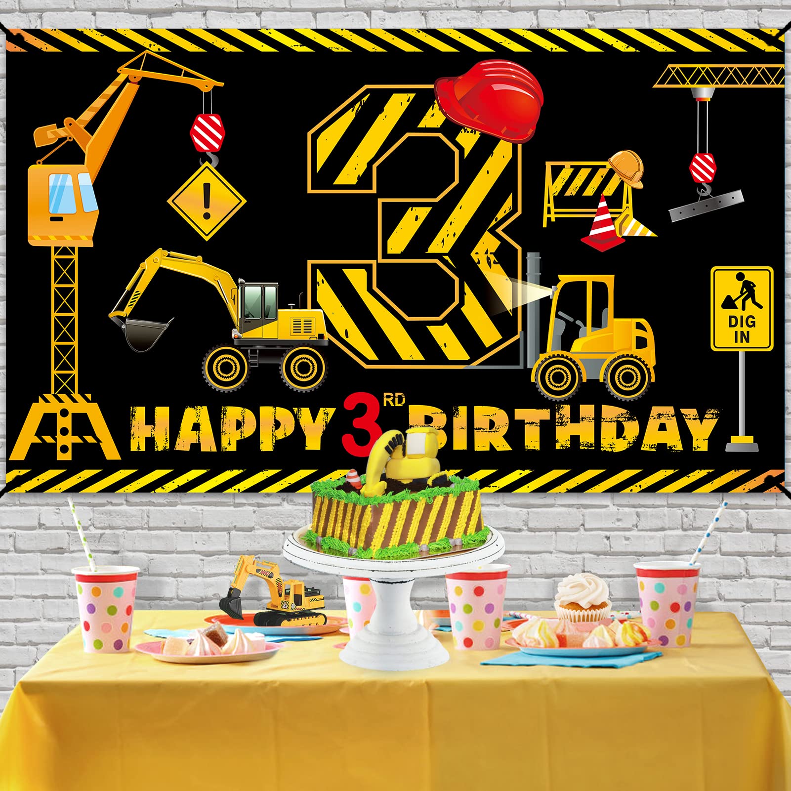 Construction 3rd Birthday Banner Decorations for Boys Kids, Dump Truck Construction Theme Three Birthday Backdrop Party Supplies, Excavator Crane Digger Three Year Old Poster Sign