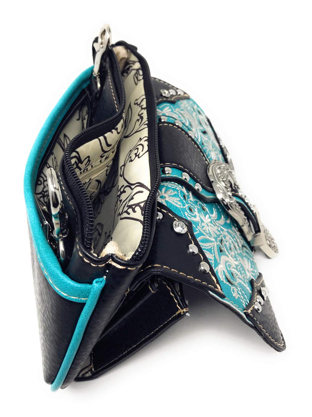 Western Rhinestone Embroidery Wallet Crossbody Clutch Bag Purse in Multi-Way (Black Turquoise Buckle)
