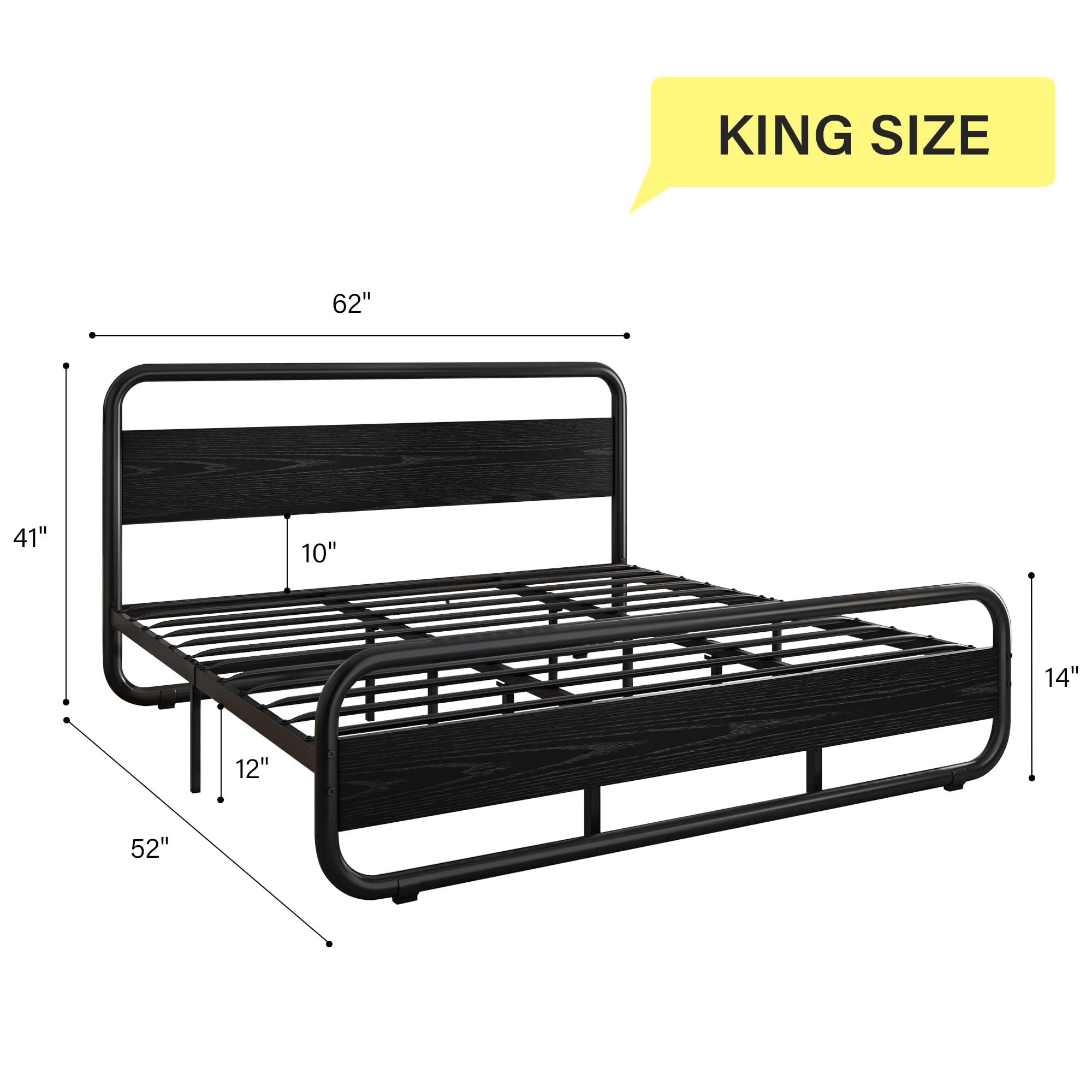 Catrimown King Size Bed Frame, Metal King Bed Frame with LED Headboard, Rustic Industrial Heavy Duty Wooden Platform Bed Frame with Under Bed Storage, Noise Free, No Box Spring Needed, Black