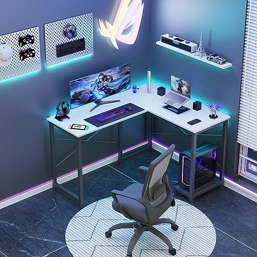 Sweetcrispy L Shaped Gaming Desk, Computer Desk Corner Desks PC Gaming Desk Table with CPU Stand Side Bag for Home Office Dorm Sturdy Writing Workstation, White, 50 Inch