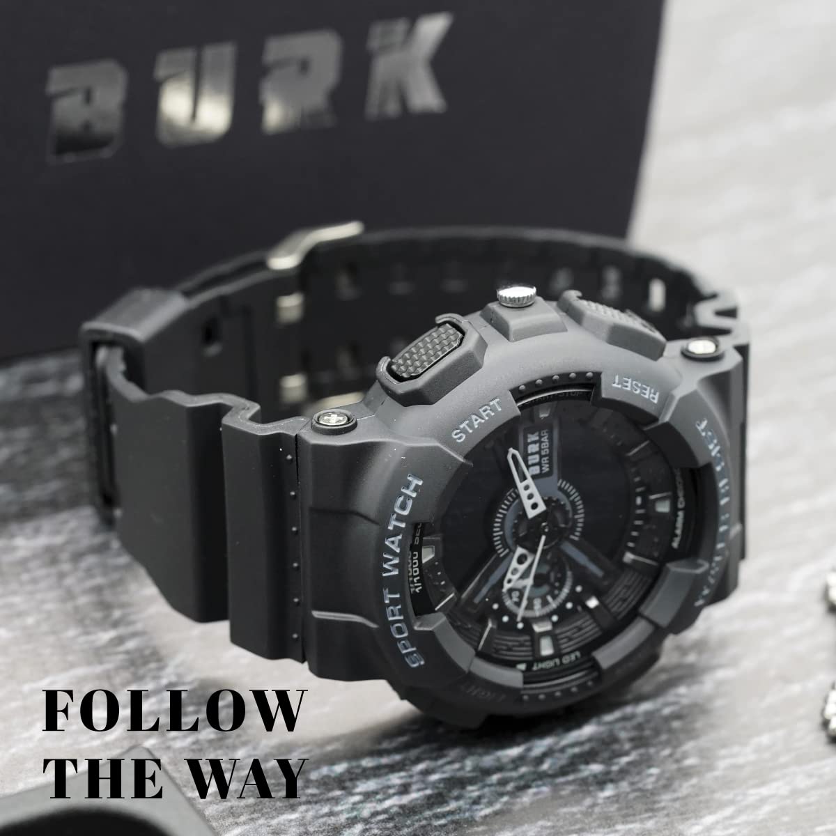 BURK 1688BK Military Wristwatch Men Water Shock Resistant Dual Time Sports Digital LED Display