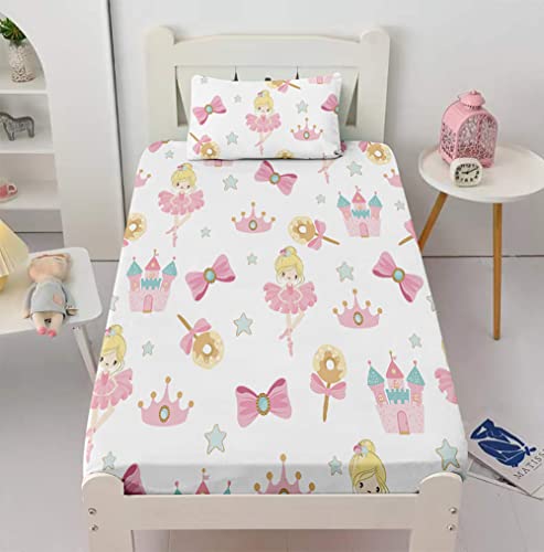 Jeyfull Pink Princess Fitted Sheet Set for Kids Girls Teens Donut Dancing Castle Crown Bed Sheet Queen Size 3D Print Dreaming Style Sheet Set 3 Piece