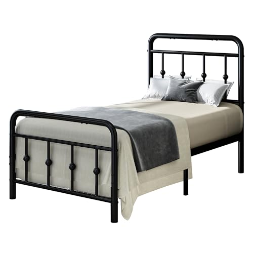 Catrimown Twin XL Bed Frame with Vintage Headboard and Footboard, Victorian Style, Wrought Iron, Under Bed Storage, No Box Spring Needed, Noise Free, Heavy Duty, Black
