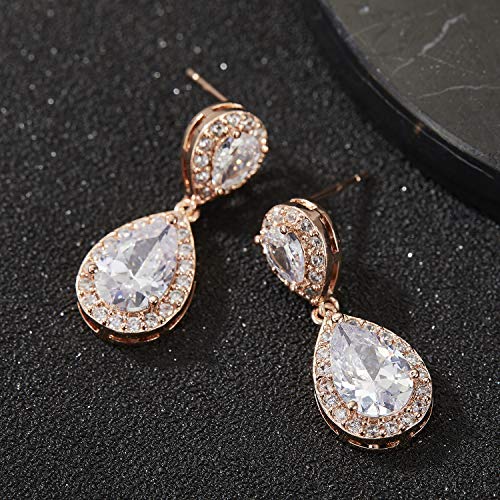 SWEETV Teardrop Dangle Earrings for Brides,Cubic Zirconia Rose Gold Drop Earrings for Women - Prom,Pagegant,Wedding Jewelry