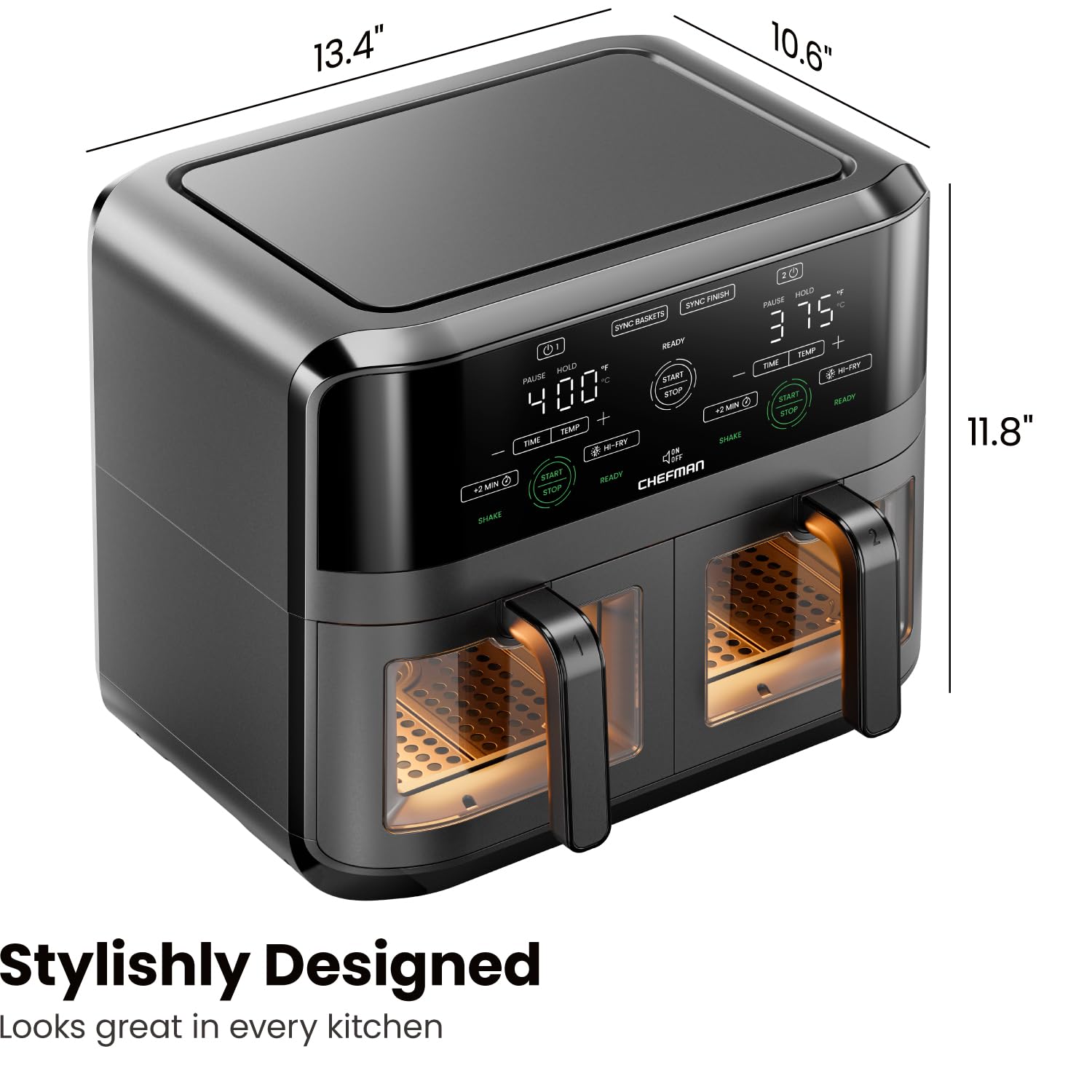 CHEFMAN 6 Quart Dual Basket Air Fryer Oven with Easy View Windows, Sync Finish, Hi-Fry, Auto Shutoff, 2 Independent 3Qt Nonstick Dishwasher Safe Frying Baskets, Digital Double Air Fryer - Black