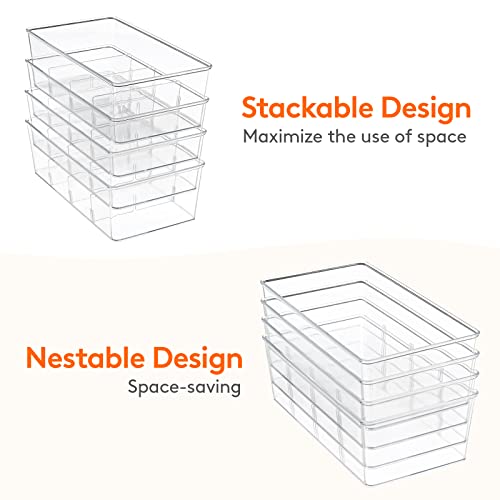 Lifewit 4Pcs Plastic Food Storage Organizer Bin Box, Hold with 3 Dividers for Tea Bags, Snacks, Packets, Pouches, Spices, Ideal for Pantry, Kitchen, Fridge, Cabinet Organization, BPA Free, Clear