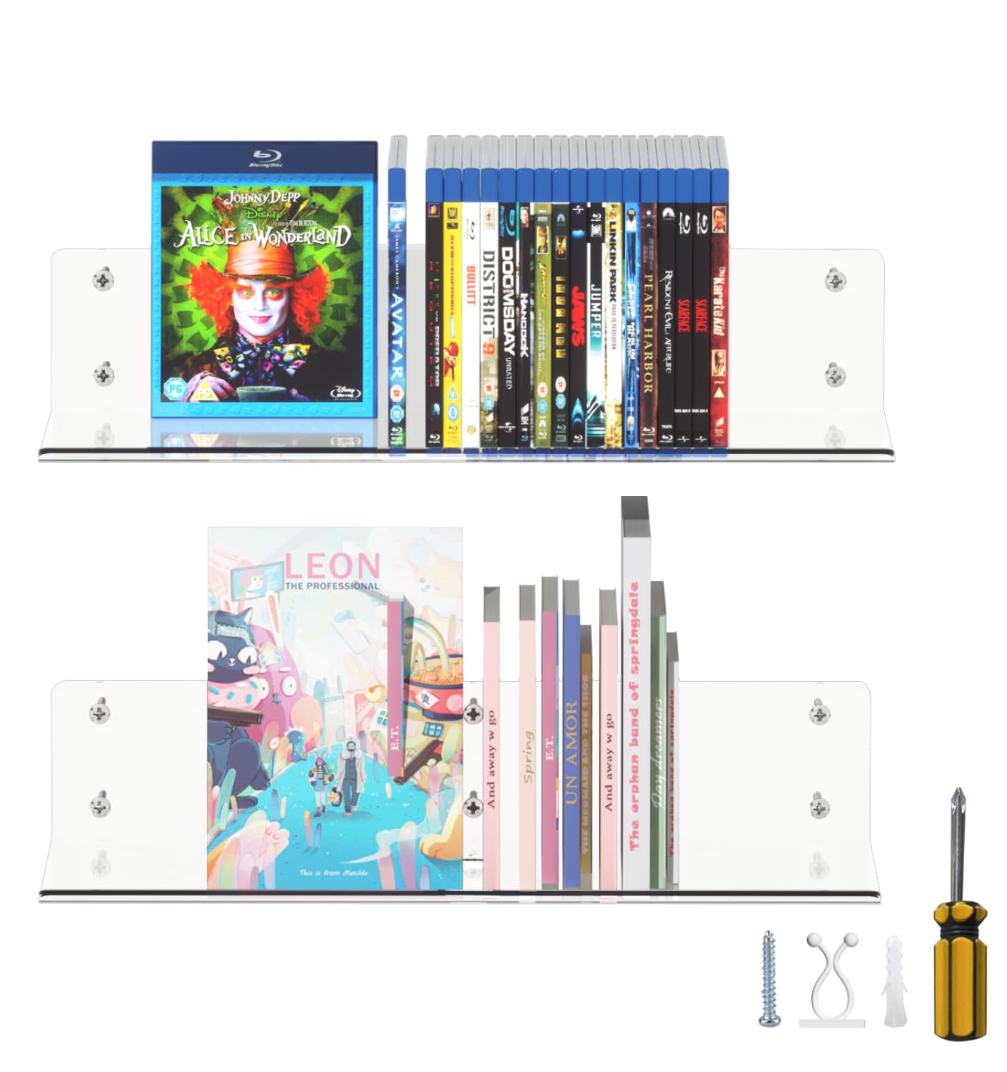 Clear Acrylic Floating Shelves 4 Pack, 9.4'' Wall Mounted Shelves for Bedroom, Bathroom, Living Room, Gaming Room with Free Tool and Accessories
