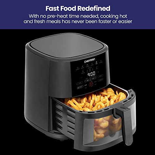 Chefman Air Fryer 8 Qt with Probe Thermometer, 8 Preset Functions, 1-Touch Digital Display Compact Cooker, Extra Large Nonstick Square Air Fryer Basket with Window, Dishwasher-Safe Parts, Black
