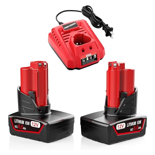 Energup 12V 6Ah 2Pack Battery for Milwaukee 12-Volt Battery M12 for Milwaukee 48-11-2440 48-11-2411 48-11-2410 + 48-59-2401 12Volt Milwaukee M12 Battery Charger