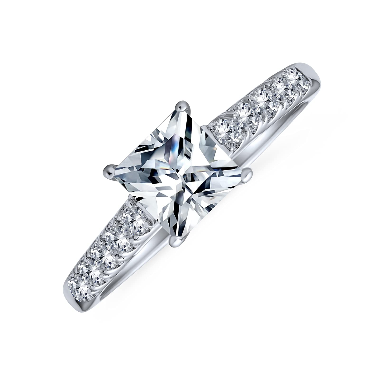 Bling Jewelry Personalize Timeless Classic Simple 1.5CT AAA CZ Square Princess Cut Solitaire Promise Engagement Ring For Women .925 Sterling Silver Cubic Zirconia Pave Side Stone Band Customizable