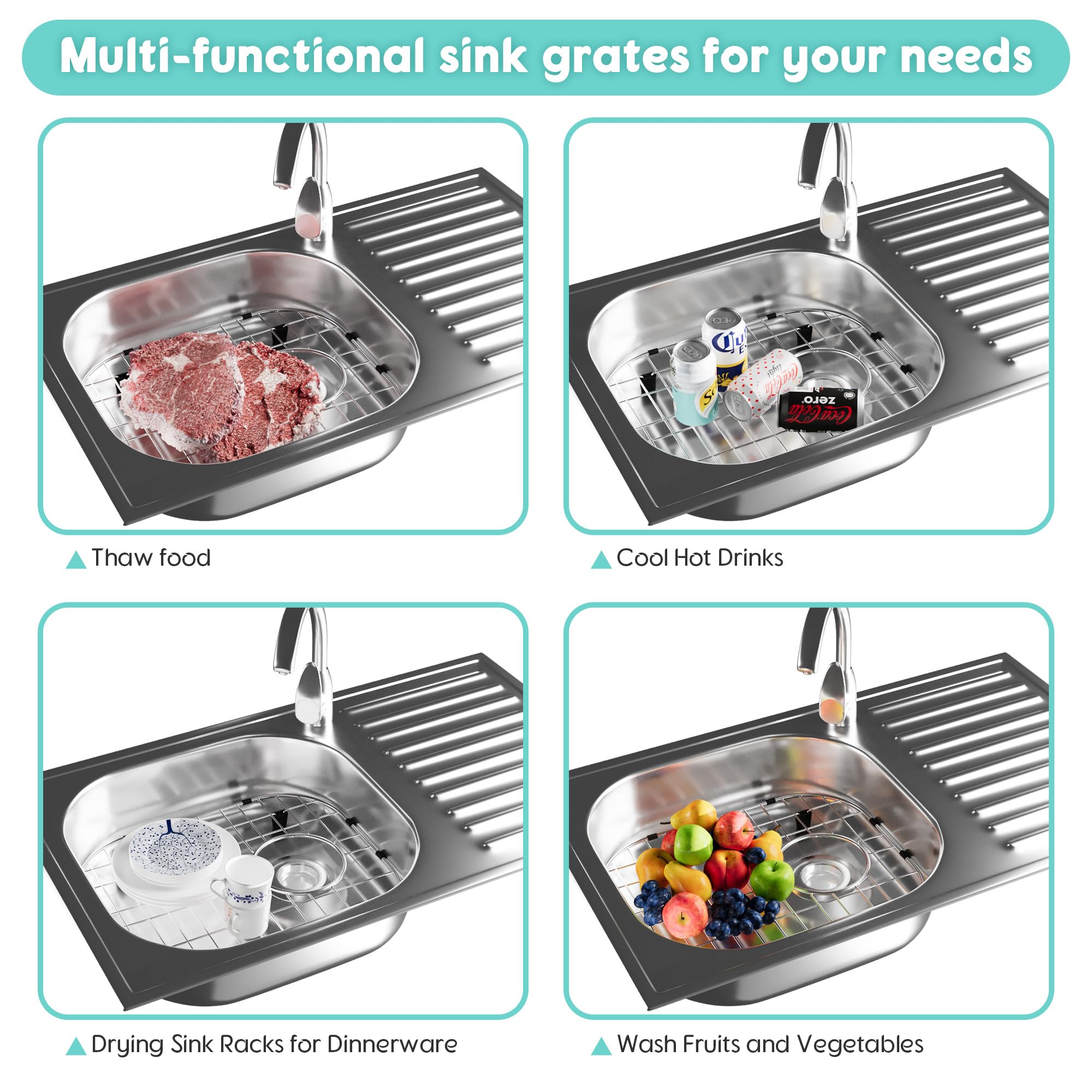 jkxoo 2Pack Sink Protectors for Kitchen Sink 13''x16''&11.2''x14.5'', Sink Rack for Bottom of Sink, Stainless Steel Sink Grid, Rust Resistant Metal Sink Protector with 2Pack Sink Strainer