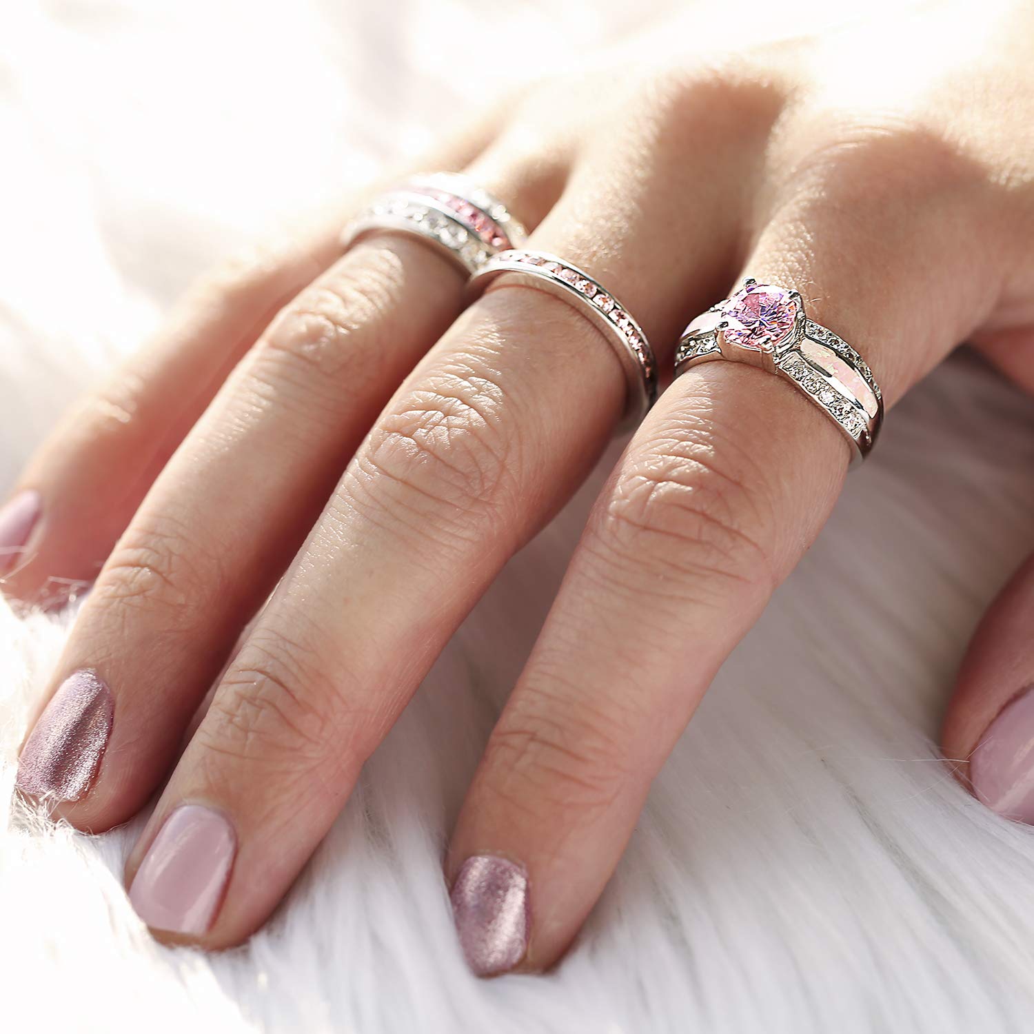 Bling Jewelry Personalize Unique Pink AAA CZ Round Brilliant Cut Solitaire Engagement Ring For Women .925 Sterling Silver Created Opal Inlay Wide Band Customizable