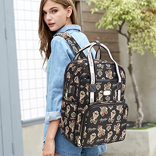 pipi bear Diaper Bag Backpack, Jacquard Diaper Backpack with Changing Pad and USB Charging Port, Stylish Baby Bag for Mom Dad, Black