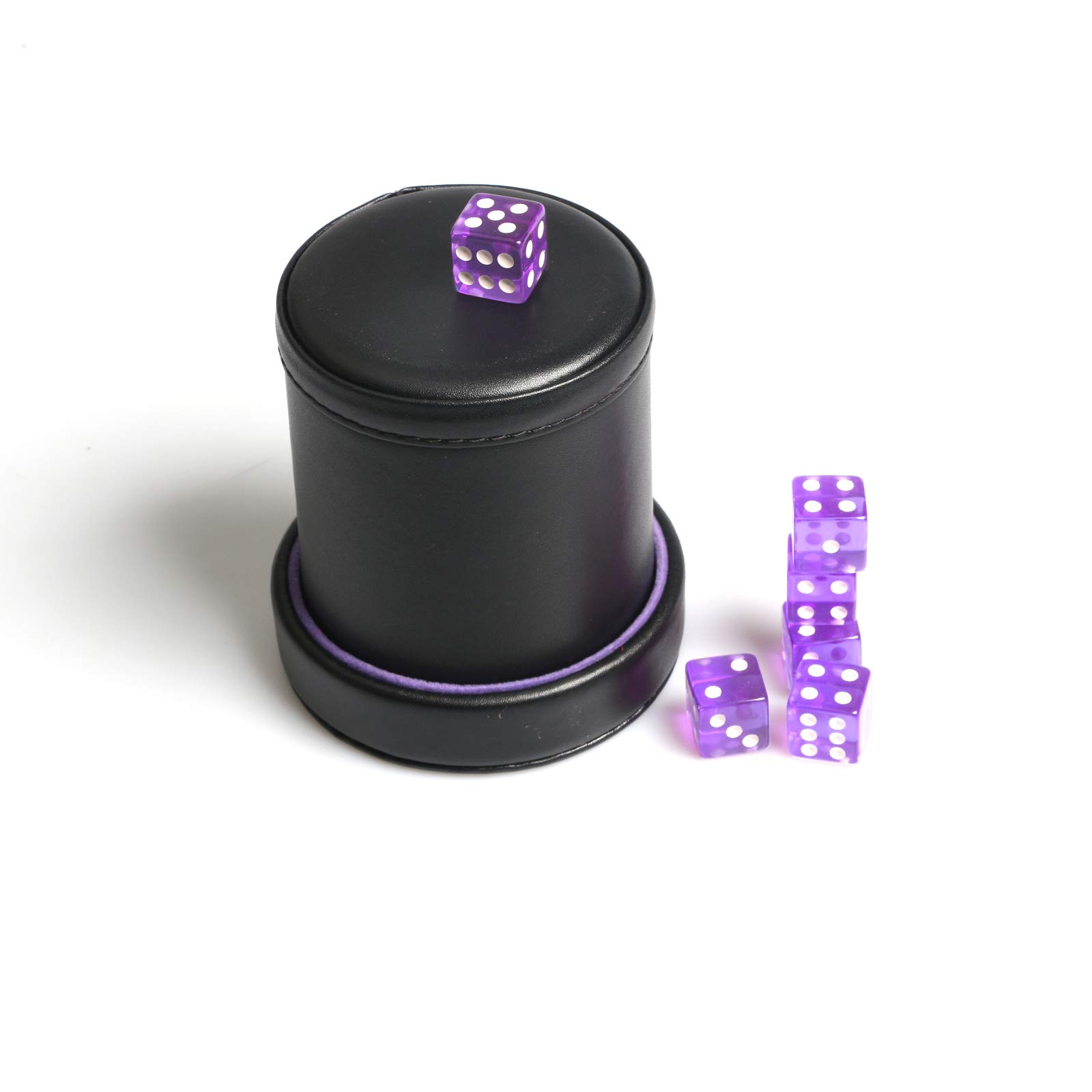 PU Leather Dice Cup with Lid/ Cap, Felt-Lined Dice Shaker Includes 6 Six-Sided Dice for Liars Dice/ Farkle/ Yahtzee/ Board Games
