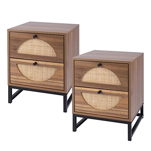 SeokIljin Rattan Nightstand,2 Drawer Side Table,Metal Legs,Bottom Hollow-Out Design,Easy Cleaning,Display Rack for Bedroom and Living Room