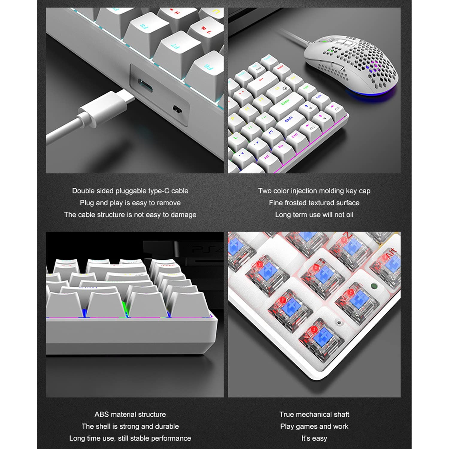 EXHNLE RGB Rainbow Gaming Keyboard and Mouse Combo, 84 Keys Backlit Computer Keyboard USB Wired Backlit Keyboard, for Laptop PC Computer Game and Work (Color : White)