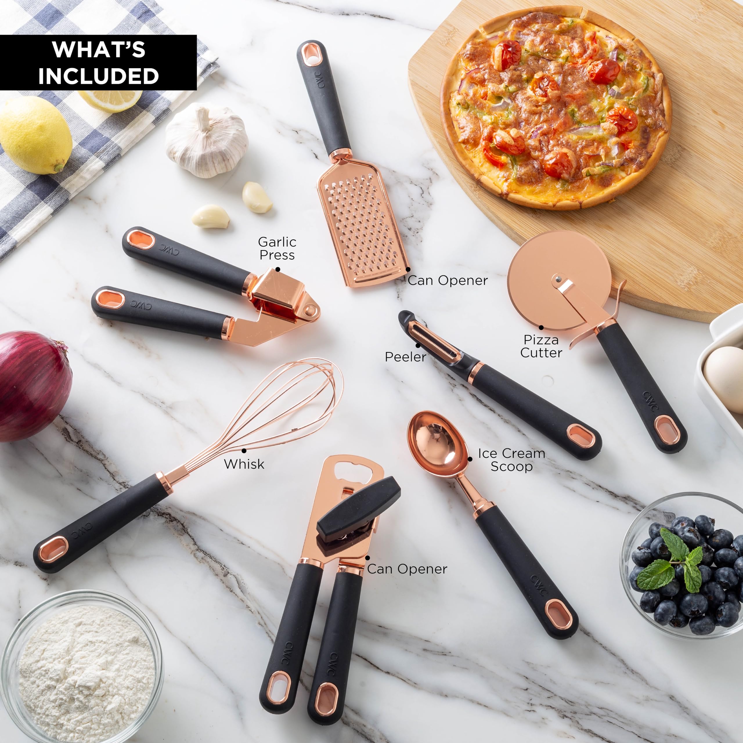 COOK With COLOR 7 Pc Kitchen Gadget Set Copper Coated Stainless Steel Utensils with Soft Touch Navy Handles