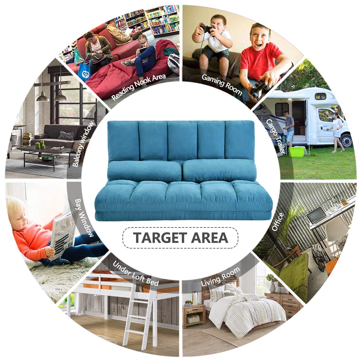 Harper & Bright Designs Adjustable Floor Sofa and Couch for Living Room and Bedroom, 5 Position Floor Gaming Chair, LoveSeat (Loveseat Couch, Blue Couch)