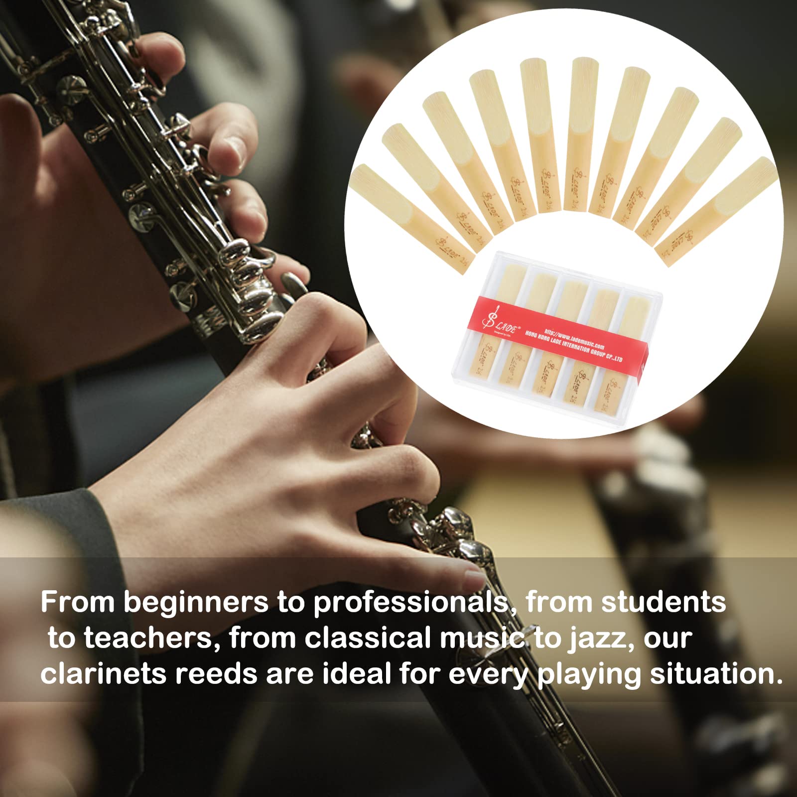 Clarinet Reed 2.5, Bb Clarinet Reeds Strength 2.5 with Plastic Case, 2.5 Clarinet Reeds, Pack of 10
