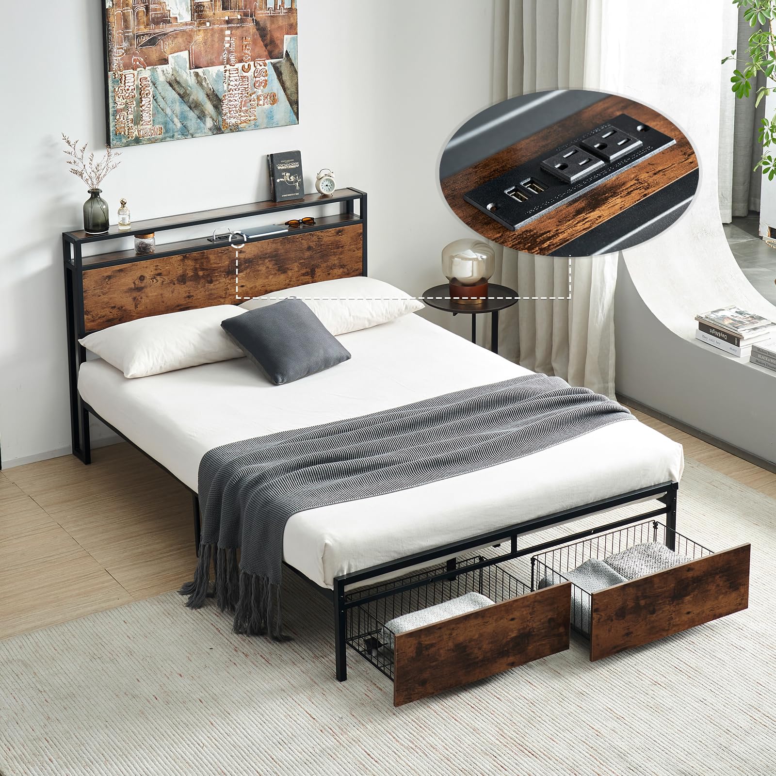 Full Size Bed Frame, Headboard with USB Charging Station, Platform Bed with 2 Drawers, No Box Spring Needed, with Reinforced Strong Support Legs and Headboard, Vintage Brown