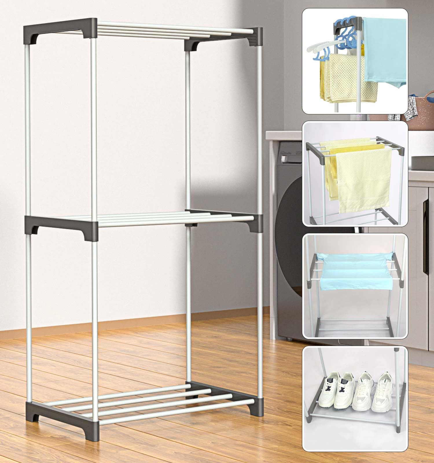 HOUSE AGAIN Clothes Drying Rack, Small Drying Rack Clothing, 3-Tier Laundry Cloth Dyer Racks Freestand Dryer Rack for Bathroom, Apartment and Laundry Room