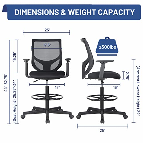 Tall Office Chair, Drafting Chair, High Adjustable Standing Desk Chair, Ergonomic Mesh Computer Task Table Chairs with Adjustable Armrests and Foot-Ring for Standing Desk and Bar Height Desk