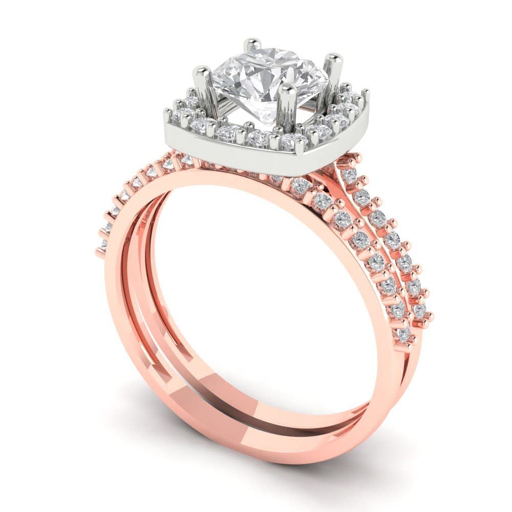 Clara Pucci 1.58 Carat Round Cut Clear VVS1 Ideal Zircon 14k Rose White Gold Halo with Accents Wedding Anniversary Ring Band Set, Size - 9