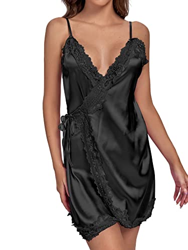 LYANER Women's Satin Lace Trim Babydoll Spaghetti Strap Wrap Tie Chemise Sleepwear Mini Dress Black Small