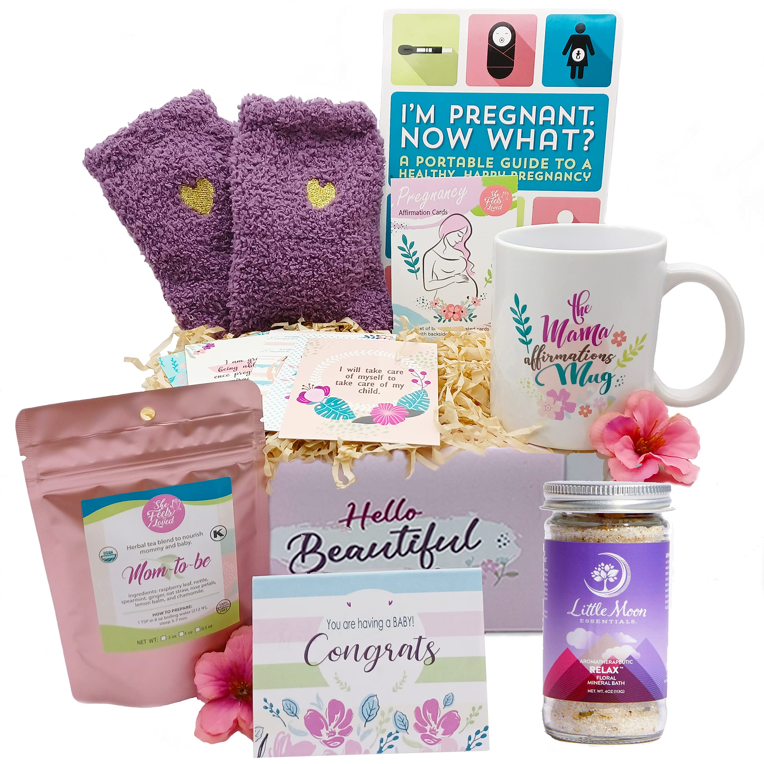New Mom Gift Basket â 16-Pcs Congrats on Pregnancy Gift Basket for Mom to Be with Logbook, Affirmation Cards, Pregnancy Tea -1st Trimester Pregnancy Gifts, Pregnancy Care Package by SHE FEELS LOVED